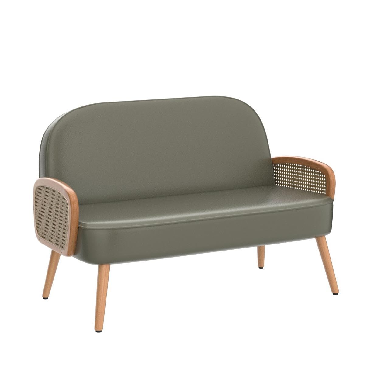 Aklaus 45" W Faux Leather Small loveseat with Natural Rattan Arms,Upholstered Modern Mini Sofa Couch Love Seat Settee Bench with Back for Living Room Bedroom Office Small Space Entryway Green