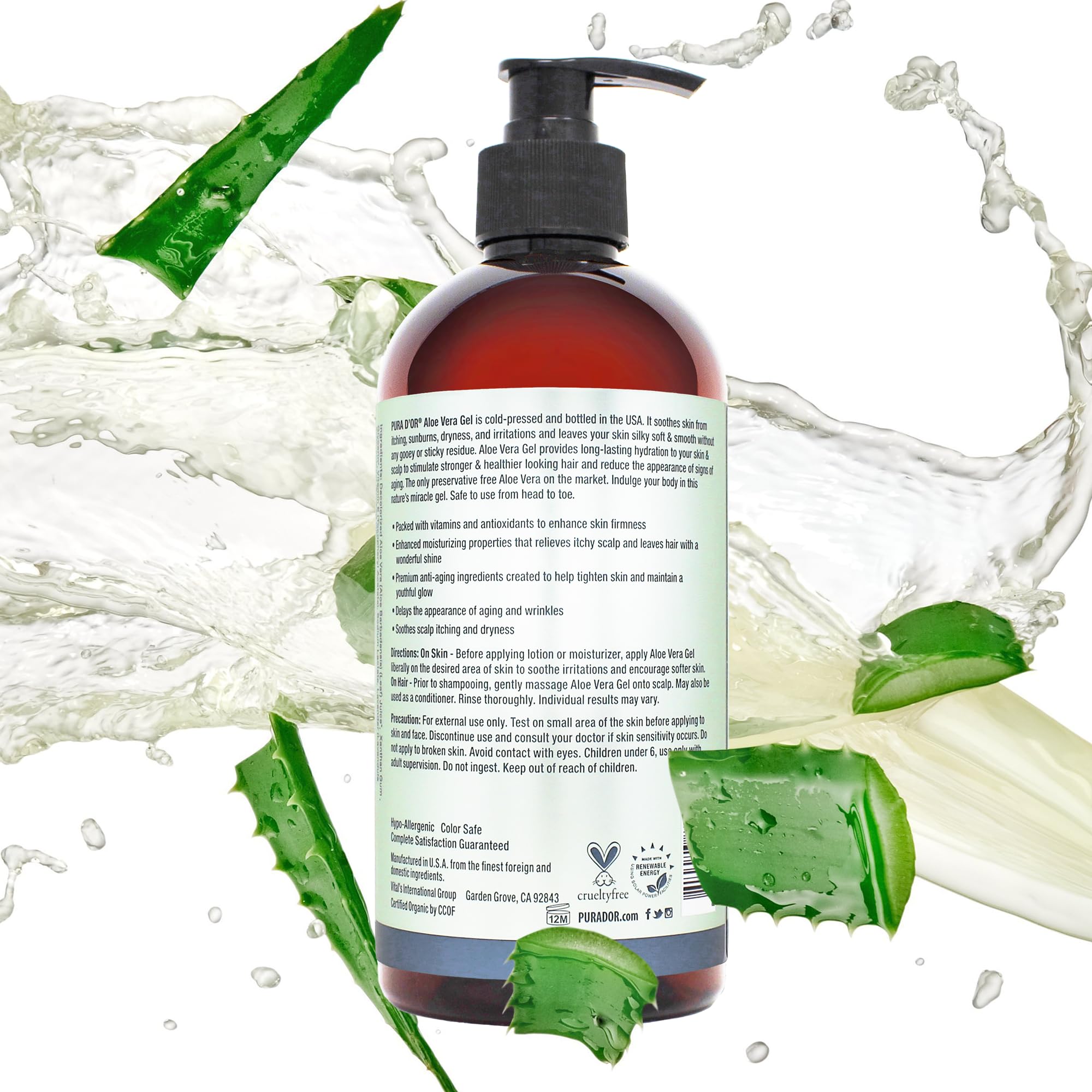 PURA D'OR 16 Oz ORGANIC Aloe Vera Gel - Lavender - All Natural - ZERO Artificial Preservatives - Deeply Hydrating & Moisturizing - Sunburn, Bug Bites, Rashes, Small Cuts, Eczema Relief - Skin & Hair