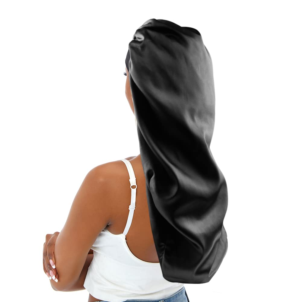 Sent Hair Extra Large Satin Hair Bonnet for Women, Double-Layer Elastic Night Sleeping Cap with Tie Band for Braids/Curly/Long Hair - Black