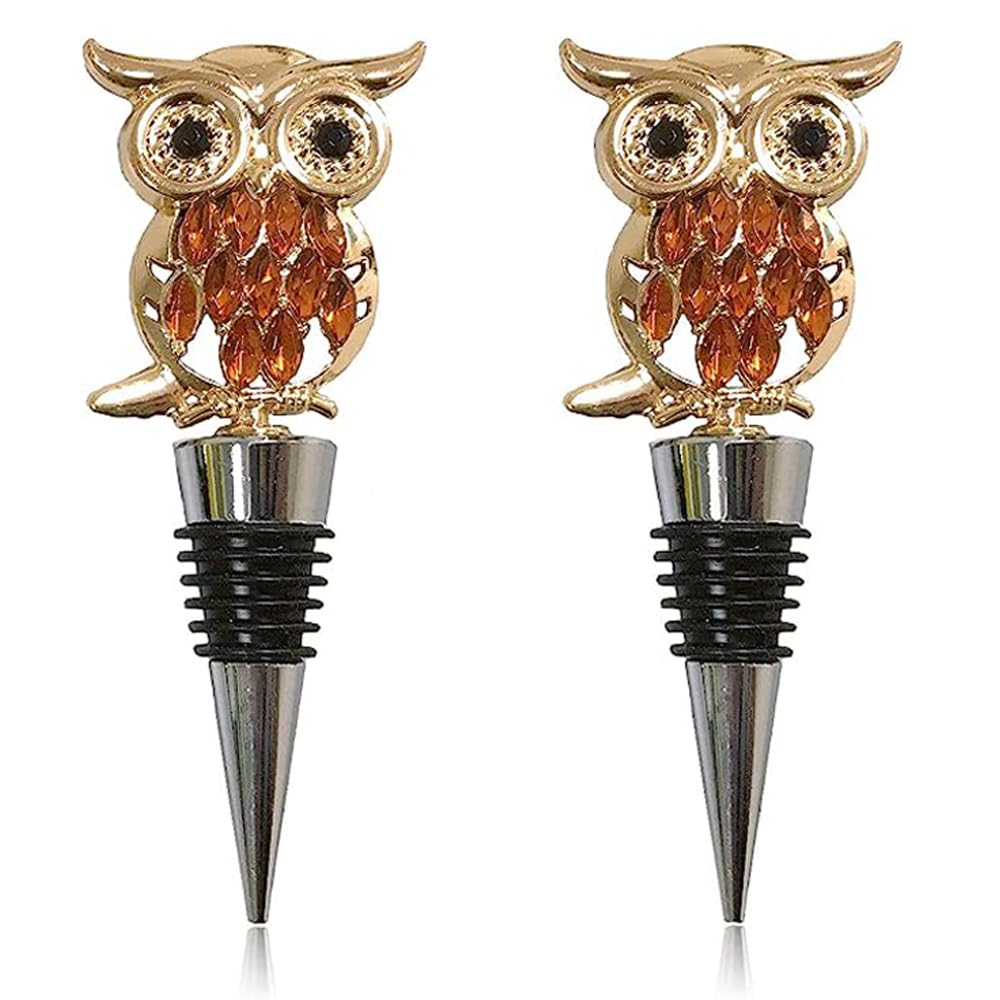 Adonisaon Owl Wine Stoppers Cute Wine Stopper Decorations Metal Zinc Alloy Wine Bottle Stopper Reusable Wine and Beverage Stoppers (2 Beautiful Packs with Golden Wine Stoppers)