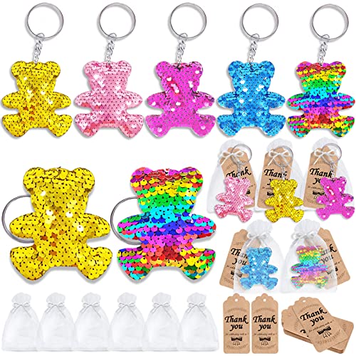 CiciBear 60 Pack Stuffed Bear Sequin Keychains Set with 20 Bear Keychains, 20 Thank You Tags and 20 Gift Bags for Bear Party Favors, Kids and Adults Birthday Gift,Baby Shower,School Carnival Rewards