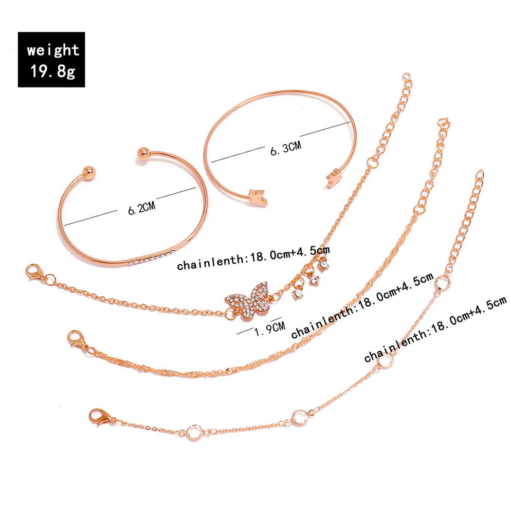 5PCS Fashion Crystal Bracelets Sets for Women Gold Layered Butterflies Pendant Charms Hand Chain Stackable Wrap Bangle Adjustable Bracelet Jewelry Accessories