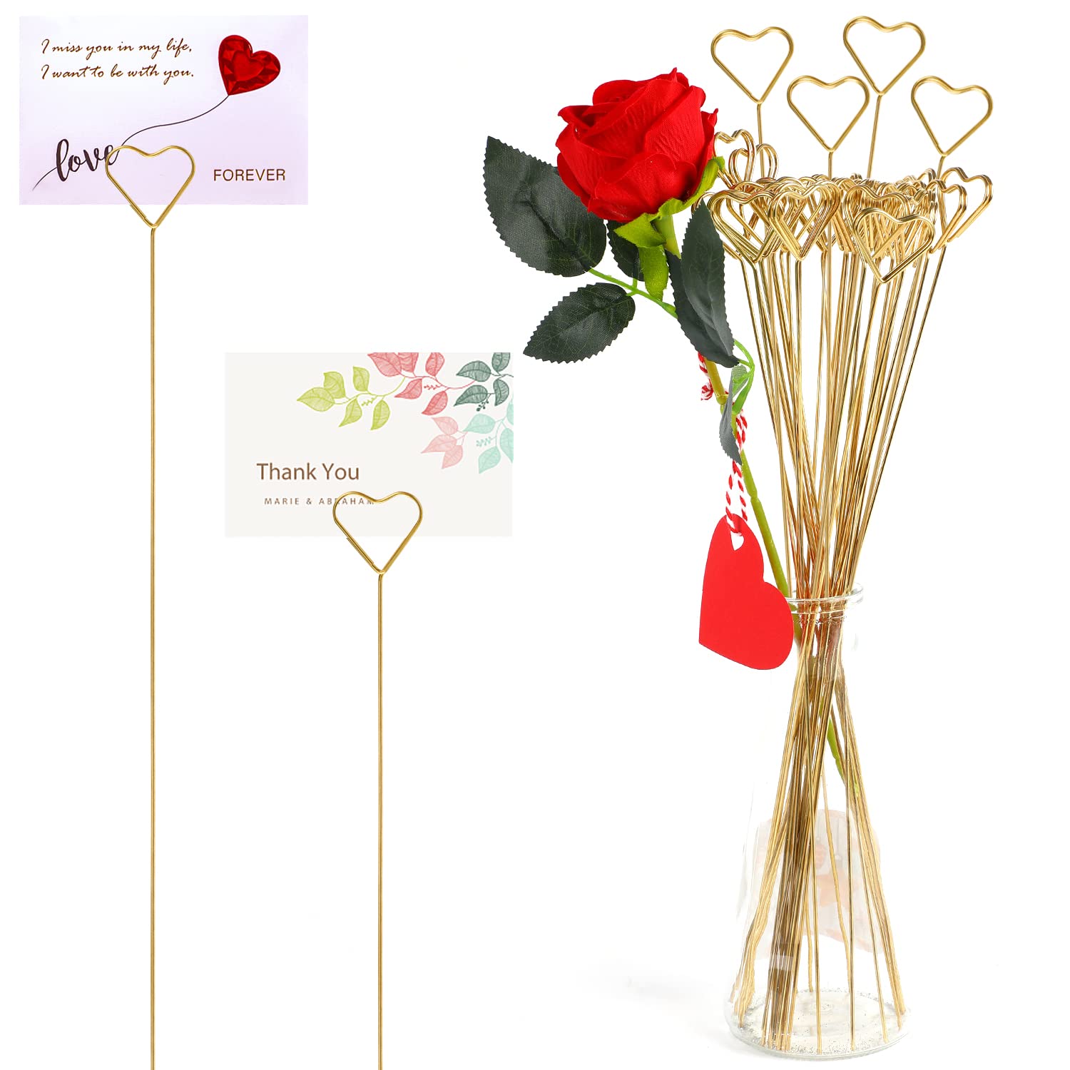 CCINEE 30Pcs Metal Wire Floral Place Card Holder Pick 13In Heart Golden Floral Picks Photo Memo Car Holder for Wedding Birthday Party Supply