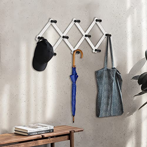 CILXGQLN 2 Pack Expandable Coat Rack Hat Hangers for Wall, Accordion Wall Hangers, Wooden Hat Rack Wall Mounted, 10 Peg Hooks for Keys, Hat, Bags, Coats, Towels, Umbrella, Necklaces, White