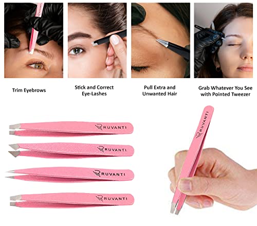 Ruvanti Tweezers 4 Pieces Set for Men/Women - Best for Plucking Eyebrow Facial & Ingrown Hairs, Slant Tip Pointed Straight & Precise - Pink