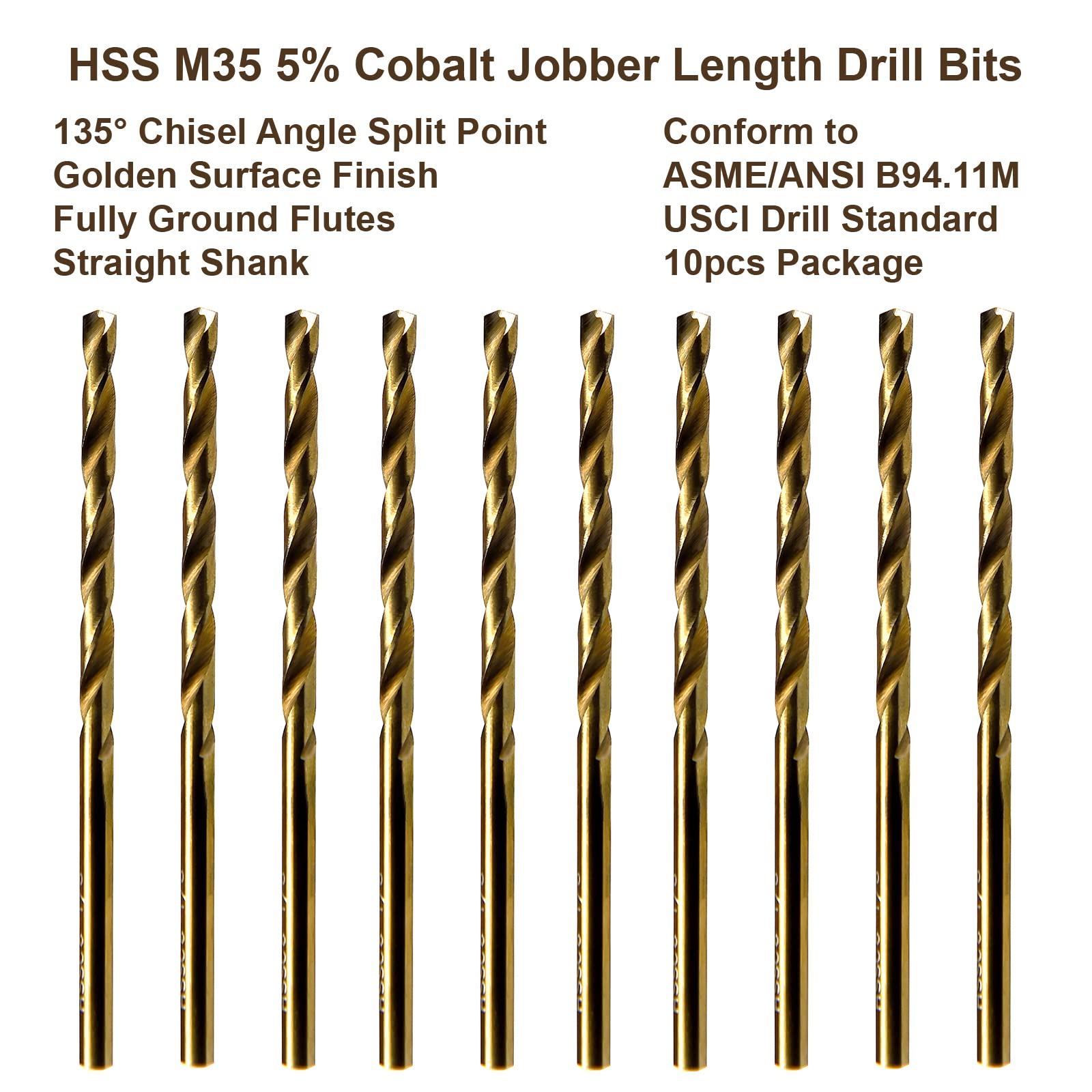 MAXTOOL 7/64" 10pcs Identical Jobber Length Drills HSS M35 Twist Drill Bits 5% Cobalt Fully Ground Golden Straight Shank Drills; JBF35G10R07P10