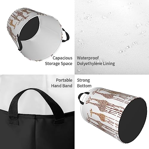 Cute Wild Cartoon Giraffes Printed Round Laundry Hamper,Collapsible Clothes Hamper Storage With Handle,Canvas Fabric Waterproof Storage Bin