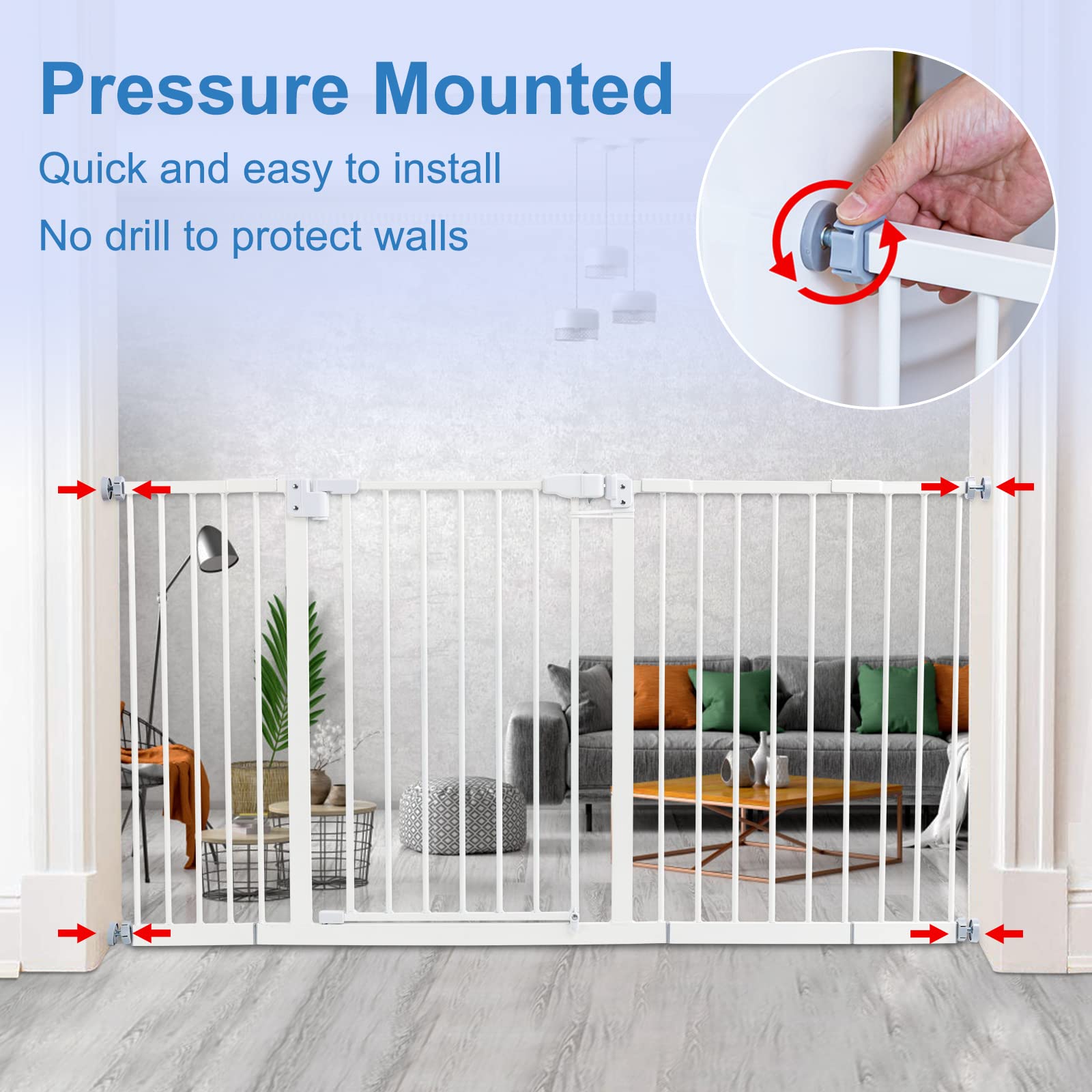 Kinfant Extra Wide Baby Gate - 58-Inch White Doorway & Stair Gate, Tall & Adjustable Extension Pressure Pet Gate, with Extension Kit, Pressure Mount Kit, Wall Cups