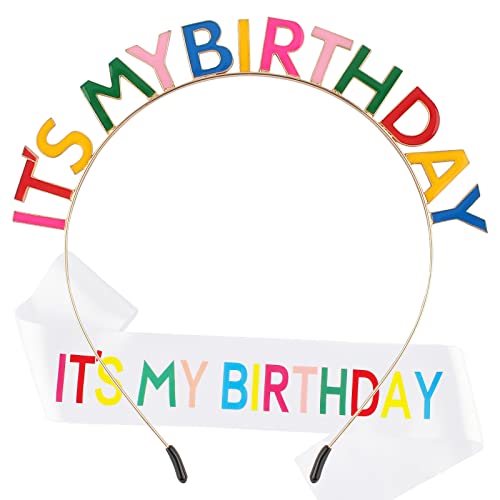 Araluky Happy Birthday Hat Birthday Crowns for Women IT'S MY BIRTHDAY Headband with Birthday Sash Rainbow Birthday Headband Tiaras for Women Birthday Headpiece for Women Girls Birthday Tiara Princess Hair Band for Parties Favors Costume Birthday Gift