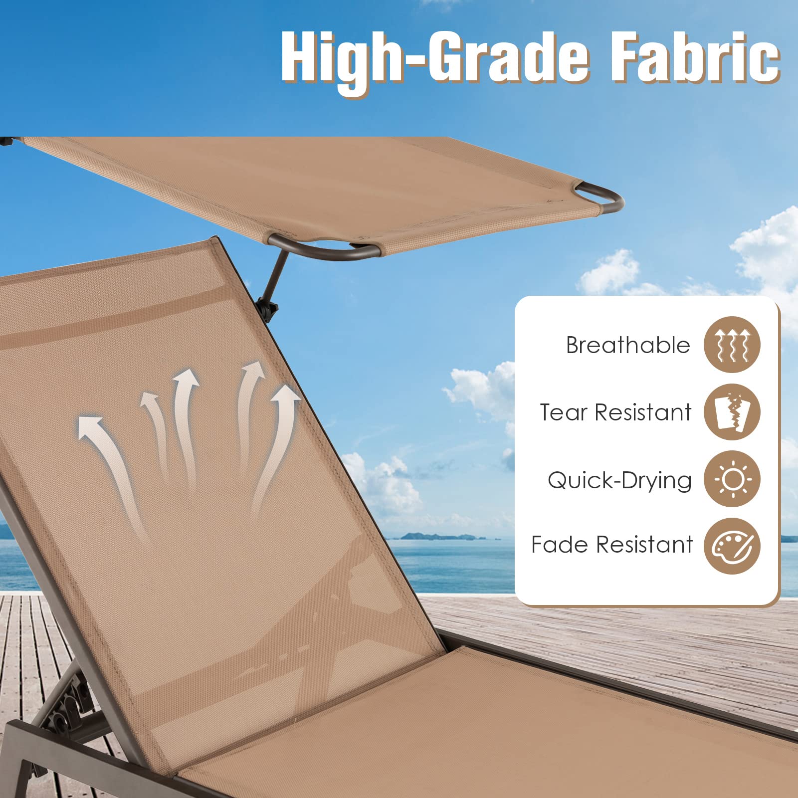 Tangkula Patio Chaise Lounge Chair, Outdoor Recliner with Adjustable Canopy & Cup Holder, 6-Level Backrest, Heavy-Duty Metal Reclining Lounger for Poolside, Backyard (1, Brown)