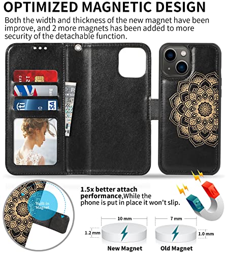 CASEOWL Compatible for iPhone 13 Wallet Case Magnetic Detachable-2 in 1 Mandala Embossed Flip Leather Wallet Case for Women Girls [RFID Blocking]with Card Holder, Hand Strap for iPhone 13 2021(Black)