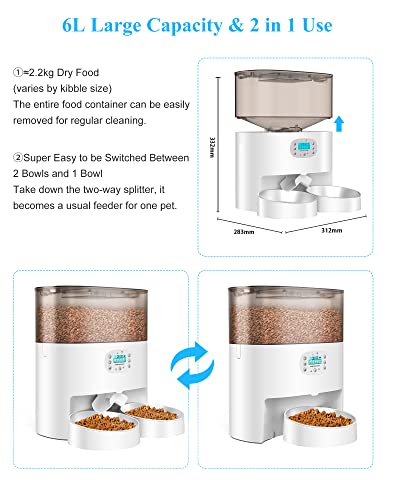 Automatic Cat Feeder, HoneyGuaridan 6L Pet Feeder for 2 Cats & Dogs, Auto Cat Dry Food Dispenser with Desiccant Bag, Timer Feeder Portion Control 1-6 Meals per Day, Dual Power Supply, Voice Recorder