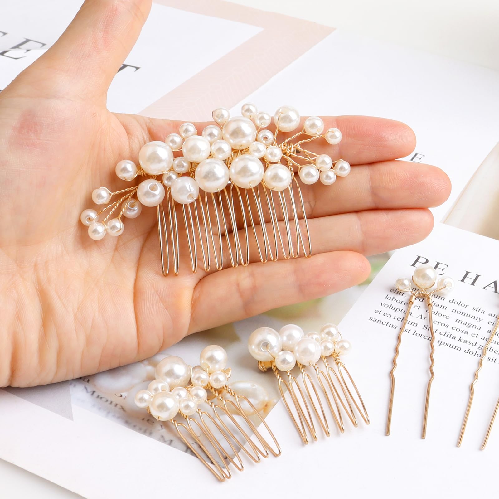 Sppry Wedding Pearl Hair Combs Set of 5 PCS - Elegant Hair Accessories for Bridal Women (Gold)