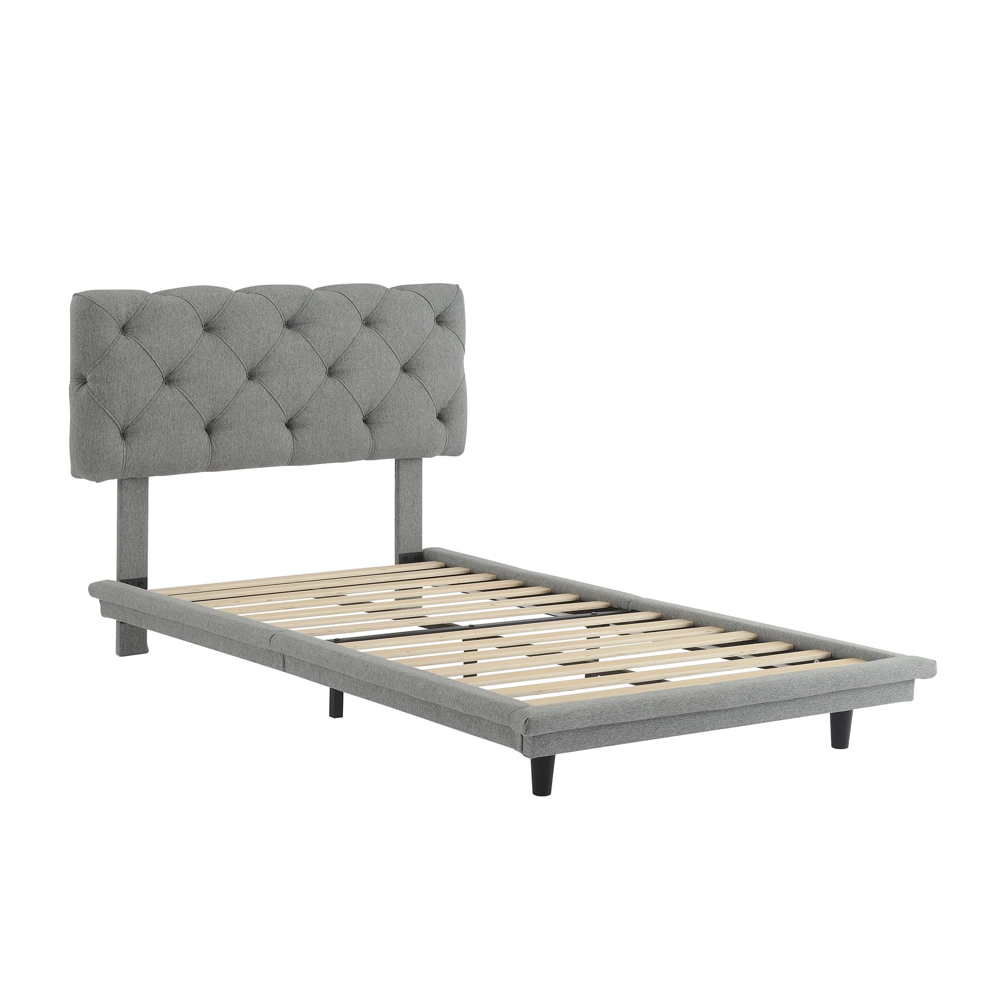 Twin Size Floating Platform Bed, Wooden Bed Frame with Light Stripe, Upholstered Bed with Soft Linen Fabric and Button-Tufted Design Headboard, Twin Platform Bed for Kids Teens Adult Bedroom, Grey.