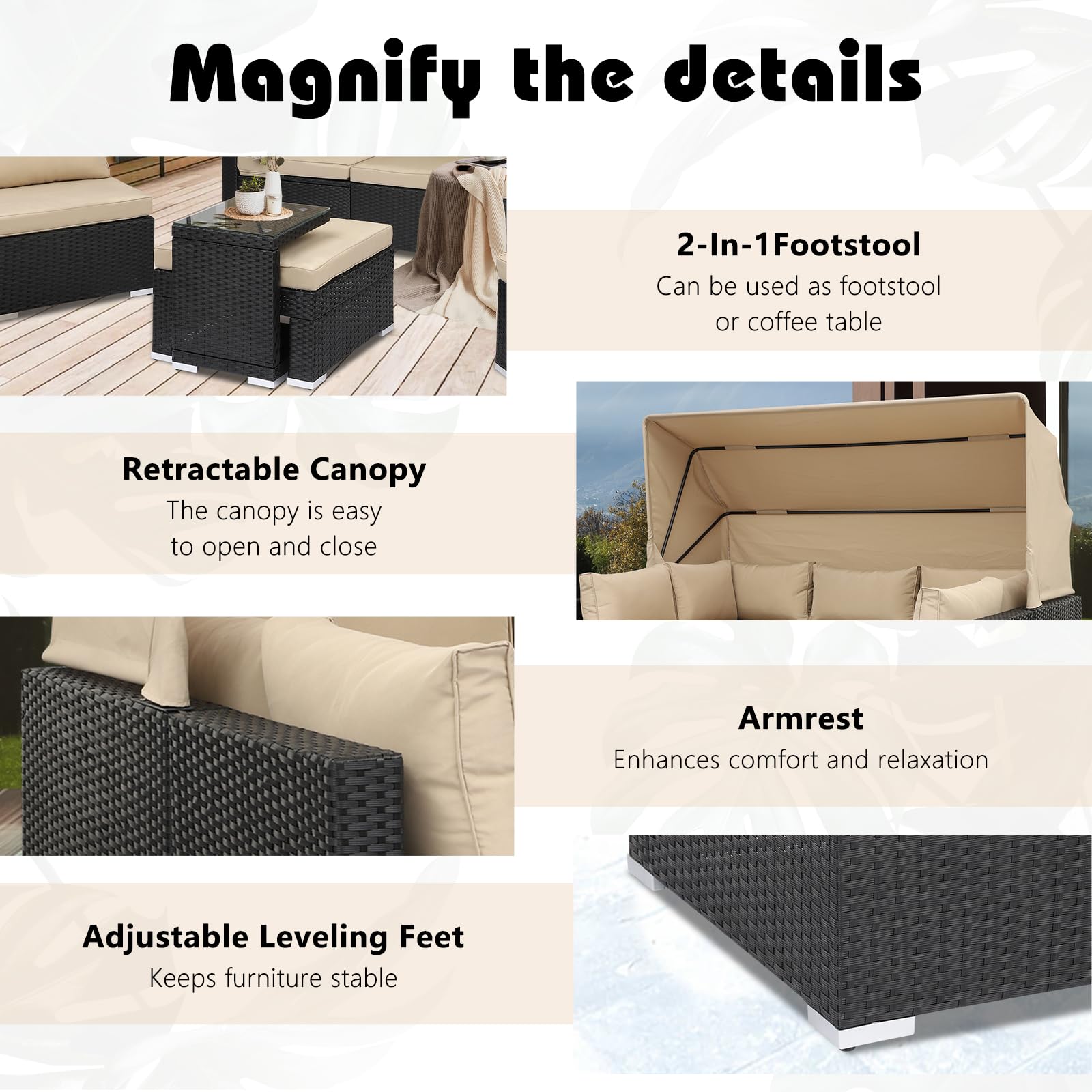 TITIMO 7 Pieces Patio Furniture Set Outdoor Conversation Set Daybed with Retractable Canopy Patio Sectional Rattan Sofa Set with Table for Poolside (Black Rattan Beige Cushion)