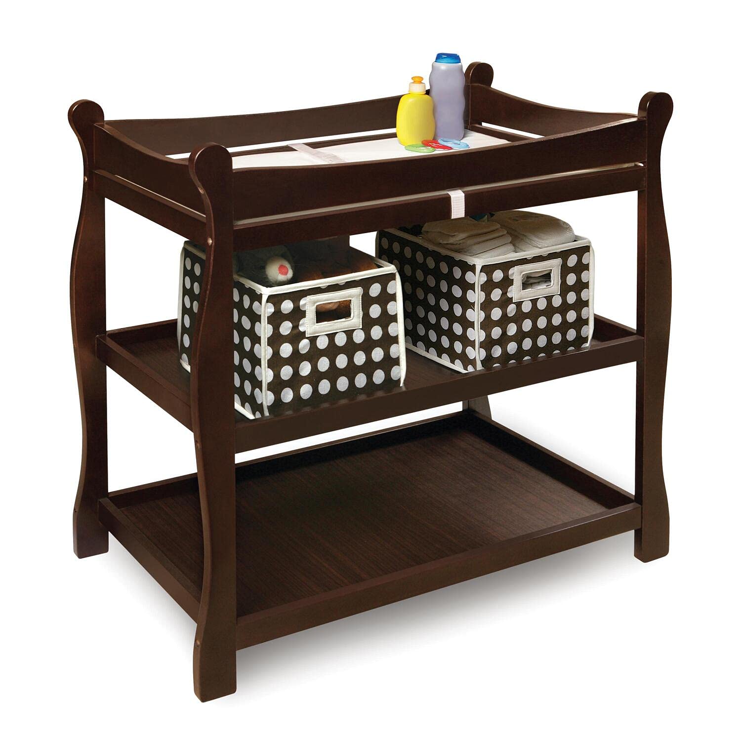 Badger Basket Sleigh-Style Baby Changing Table with Changing Pad and Safety Belt- Espresso Finish, Elegant Design with Ample Storage for Diapers and Baby Essentials