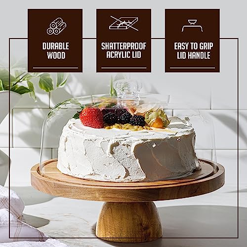Cake Stand with Acrylic Dome Lid 2-in-1 Multifunctional Round Shatterproof Dessert Table Display Set with Acacia Wood Serving Platter, Veggie Tray, Fruit Bowl, Donut Stand, Nachos Plate by Homesphere