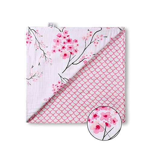 Malabar Baby Organic Cotton Reversible Muslin Snug Blanket, Luxurious Everything Baby Receiving Stroller Blankets for Newborns, Infants & Kids, Cherry Blossom