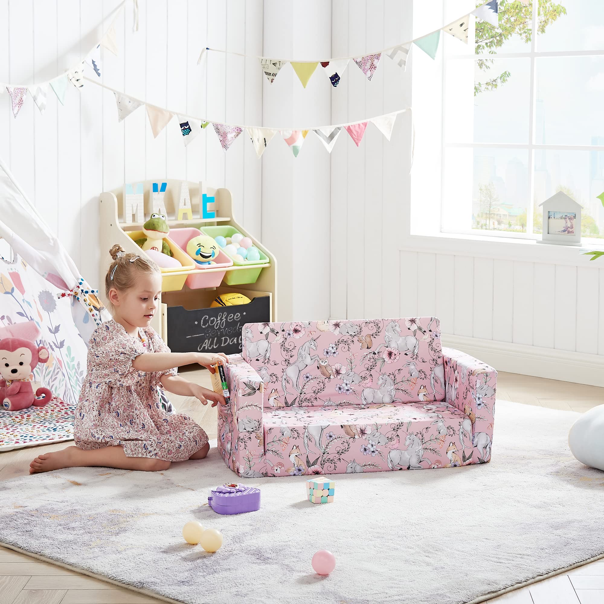 Ulax furniture Kids Convertible Sofas Children Flip-Out Sofa - 2-in-1 to Lounge Chair (Pink Unicorn)