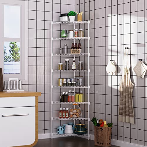 8 Tier NSF Corner Wire Shelf Shelving Unit, 20 x 20 x 82 Inch 400lbs Capacity Heavy Duty Adjustable Triangle-Shape Metal Storage Rack with Leveling Feet for Office Kitchen Bathroom and More - White