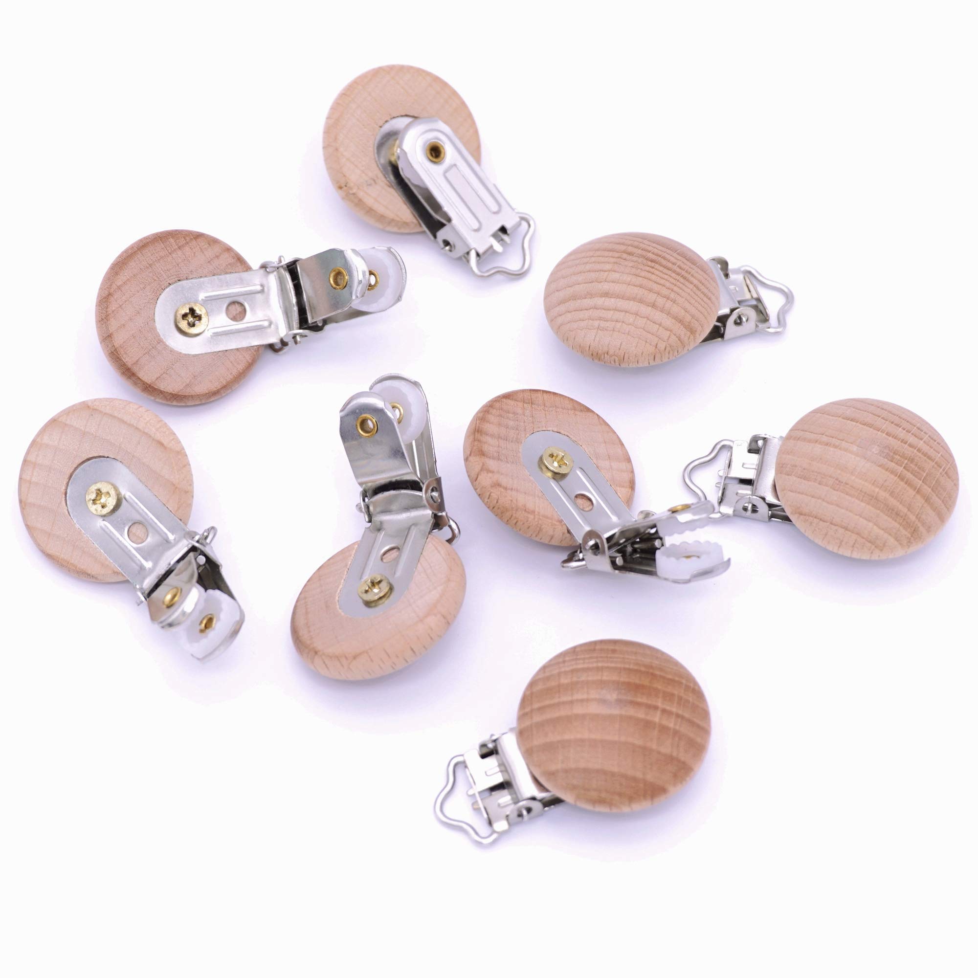 Sutoyuen 10Pcs 30mm (1.18") Natural Wood Pacifier Holder Round Beech Metal Teether Wooden Teething Beads Suspender Clips DIY Pacifier Accessories