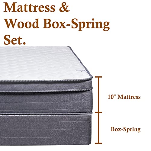 NUTAN 10-Inch Plush Foam Encased Hybrid Eurotop Innerspring Mattress and 4" Wood Low Profile Boxspring/Foundation Set, Twin