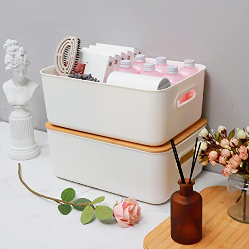 Citylife 2 PCS Storage Bins with Bamboo Lids Plastic Storage Containers for Organizing Stackable Storage Box with Handle, 15.12 x 10.67 x 5.98 inch