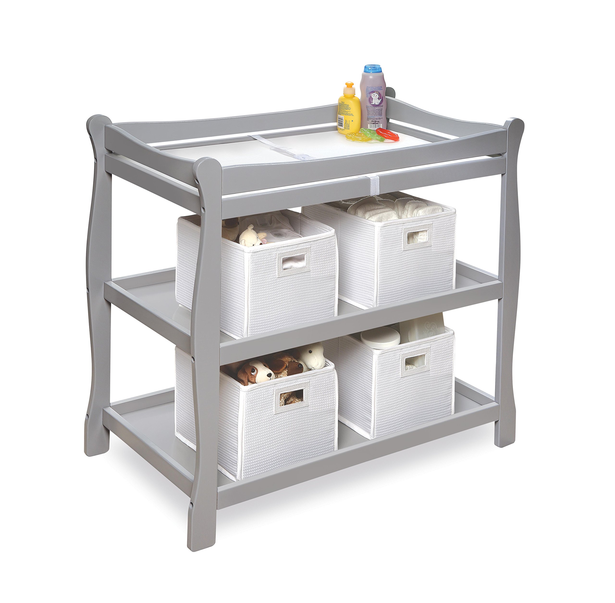 Badger Basket Sleigh Style Baby Changing Table with Pad, Nursery Furniture with Storage - Gray