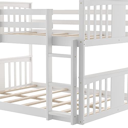 CITYLIGHT Floor Full Over Full Bunk Beds, Wooden Low Full Over Full Bunk Bed for Kids, Toddler Full Bunk Bed for Girls Boys Teens’ Bedroom or Dorm (Full,White)