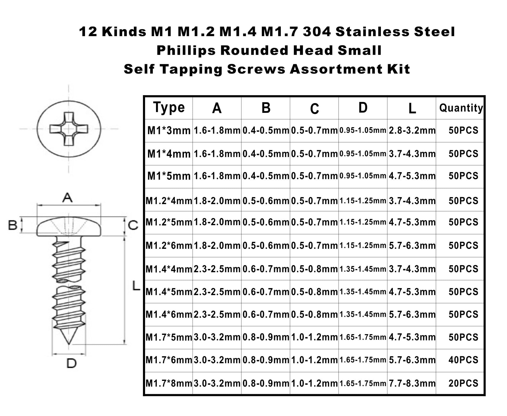 HVAZI 12 Kinds M1 M1.2 M1.4 M1.7 304 Stainless Steel Phillips Rounded Head Small Self Tapping Screws Assortment Kit