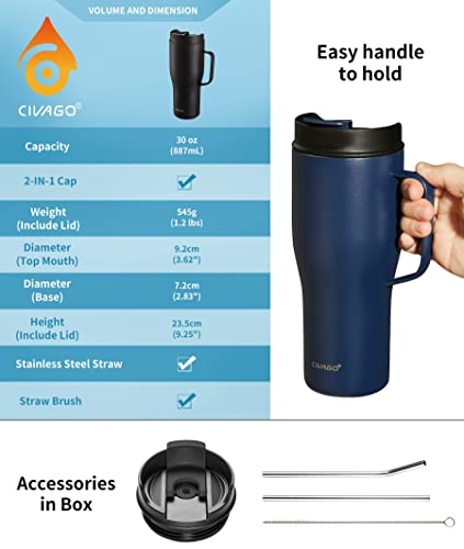 CIVAGO 30 oz Insulated Tumbler with Handle, Stainless Steel Travel Coffee Mug with Lid and Straw, Double Wall Vacuum Water Bottle Cup, Leakproof, Black