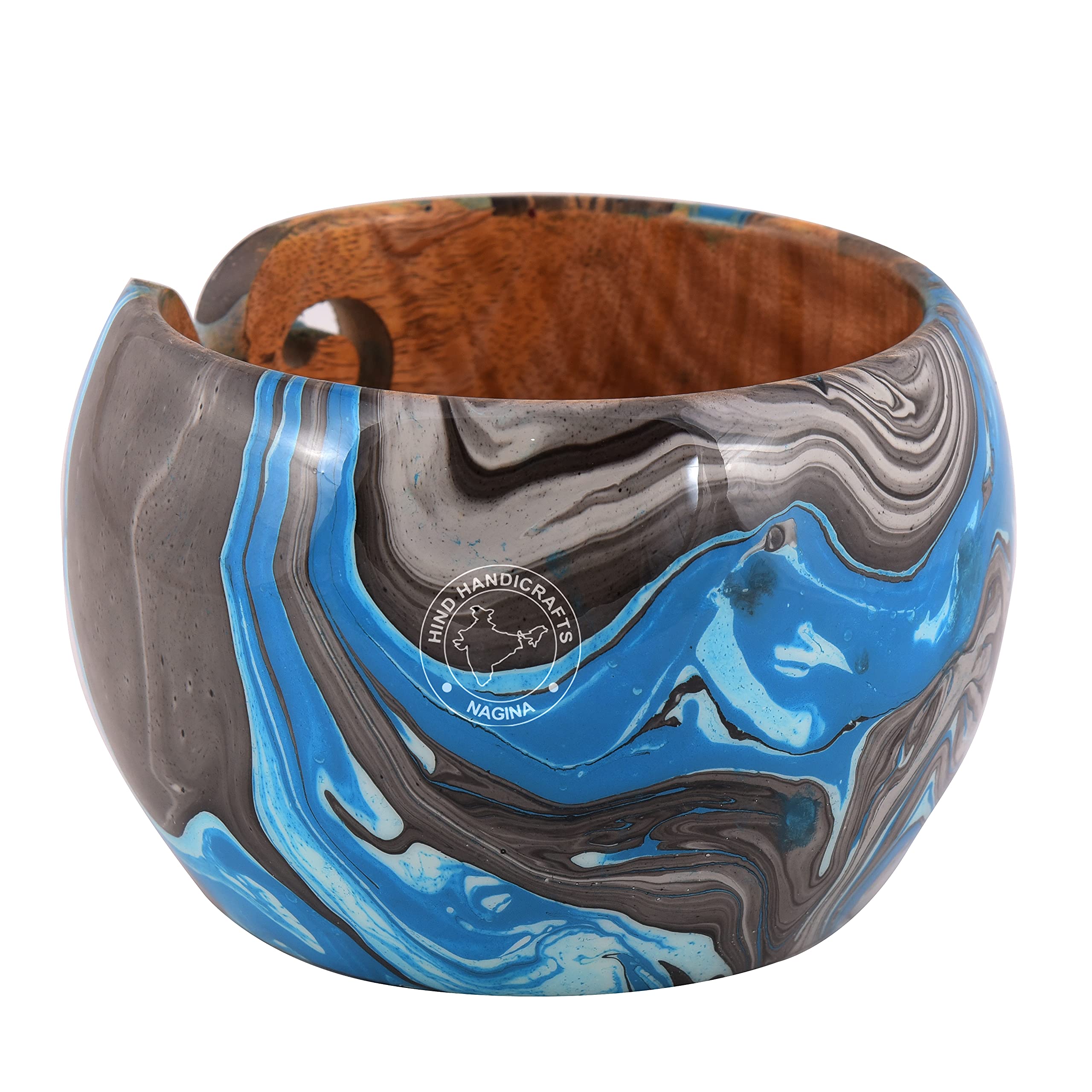 Hind Handicrafts Premium Solid Dark Handmade Crafted Wooden Portable - Antique Yarn Storage Bowl - Holder for Knitting Crochet Hook Accessories (6" x 6" x 4", Blue Waves)
