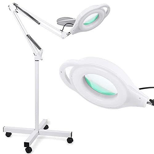 8X Dimmable Magnifying Floor Lamp with 4 Wheel Rolling Base for Estheticians - 2,200 Lumens LED Light with Glass, Lighted Magnifier with Swing Arm for Reading, Craft, Sewing, Hobbies White