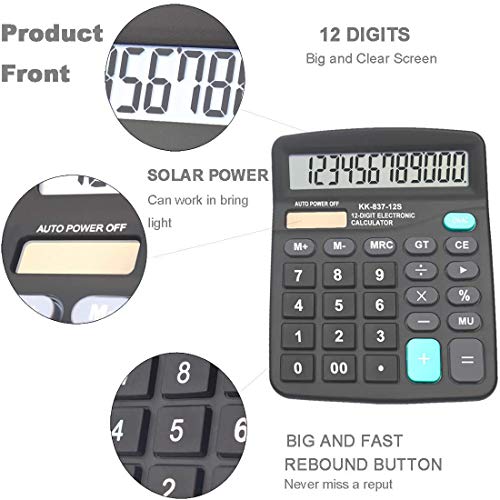 Calculators, BESTWYA 12-Digit Dual Power Handheld Desktop Calculator with Large LCD Display Big Sensitive Button (Black, Pack of 1)