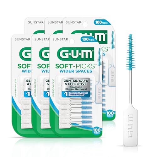 GUM Soft-Picks Wider Space, Easy to Use Dental Picks for Teeth Cleaning and Gum Health, With Convenient Carry Case, Dentist Recommended Dental Floss Picks, 100ct (6pk)