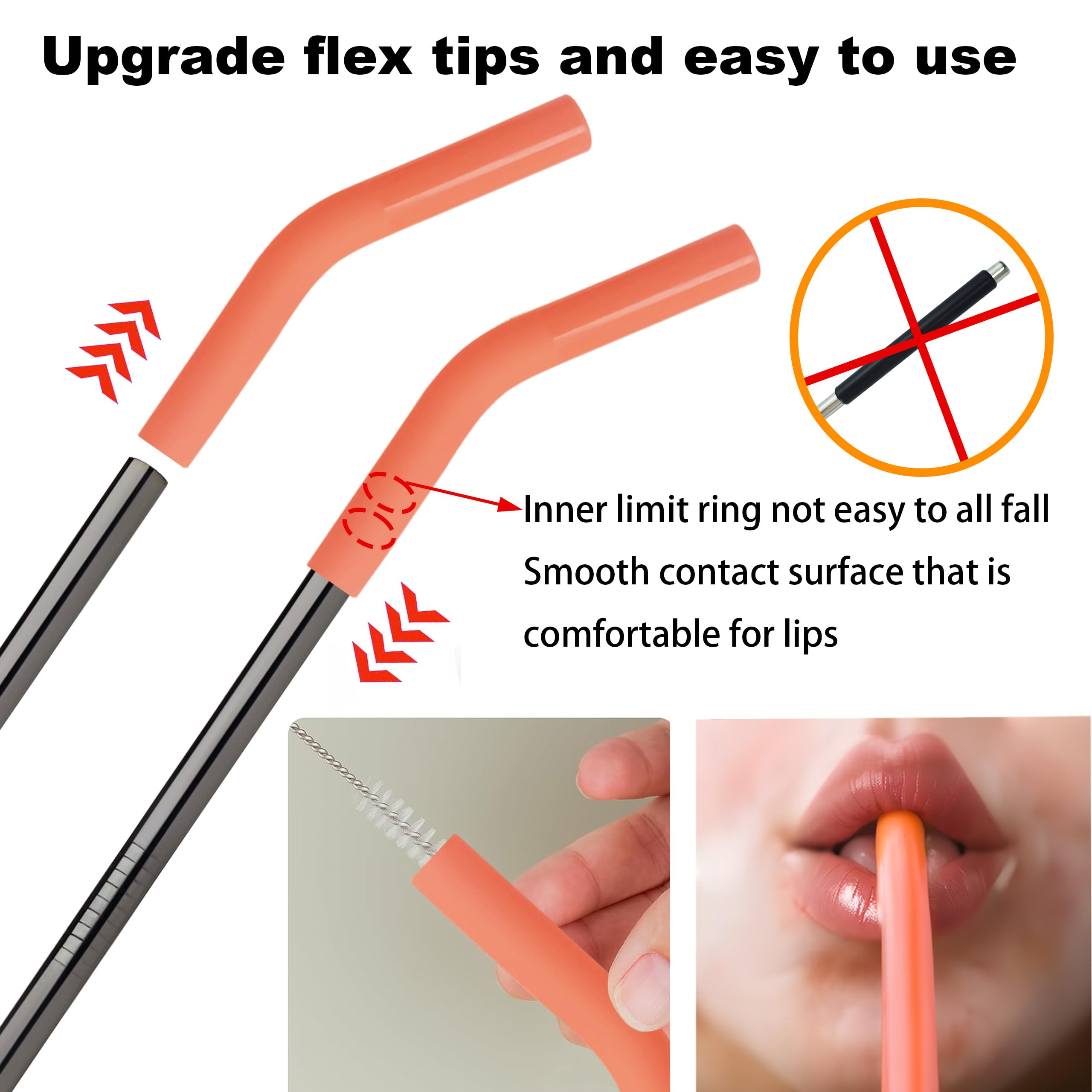 5 PCS Metal Straws Reusable with Silicone Tip and Cleaning Brush, Stainless Steel Straws Replacement for 40 oz Stanley Tumbler and 24 oz Cup (8mm Sliver)