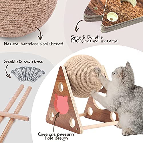 Cat Scratcher Toy,Natural Sisal Rope Cat Scratching Ball Scratcher Toy with Ball for Cats& Kittens&Dogs&Puppy, Interactive Solid Wood Scratcher Pet Toy (Medium)