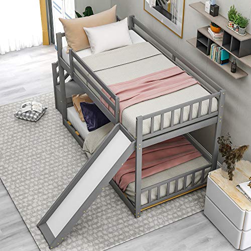 Merax Twin Over Twin Bunk Bed with Slide and for Storage Staircase for Teens, Boys or Girls, No Box Sping Needed