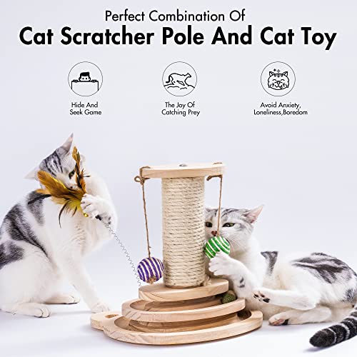 Cat Toy 2-Layer Turntable Cat Ball Toy with Feather,Kitten toys Interactive Cat Toy with Eight Interactive Balls and Two Sisal Dangling Balls,Cat Scratching Post for Indoor Cats and Kittens (Ball)