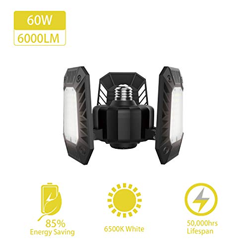 60W 5000K LED Garage Lights LED Garage Light Bulb, Garage Light with Adjustable Wings, LED Shop Light for Workshop, Warehouse, Working Light (1Pack)