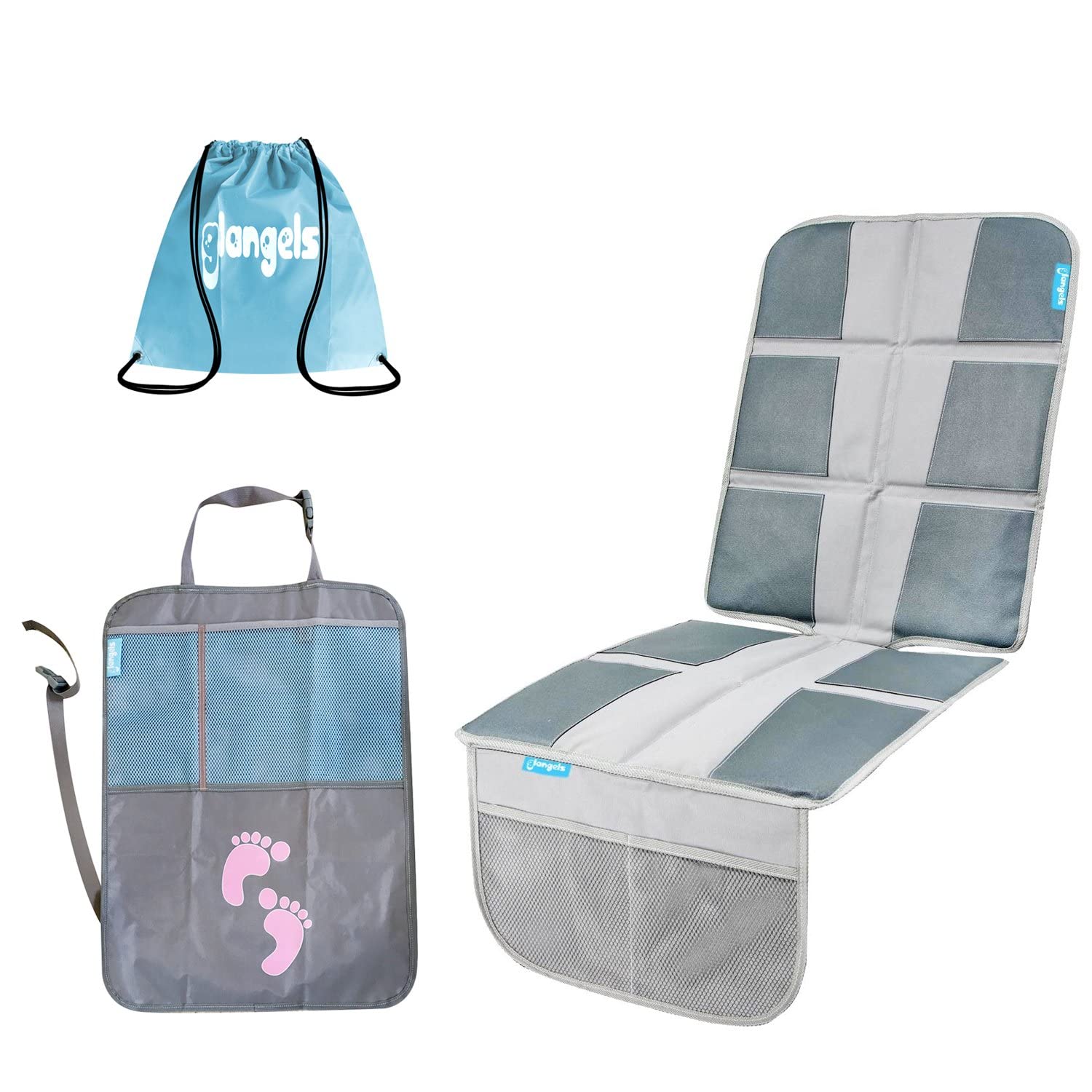Glangels Child Car Seat Protector- Enhanced Padded Booster Seat Cover for Vehicles-Waterproof Seat Protectant for Baby or Toddler-Extra Large Storage Pocket-Prevents Dirt and Damage (Grey)