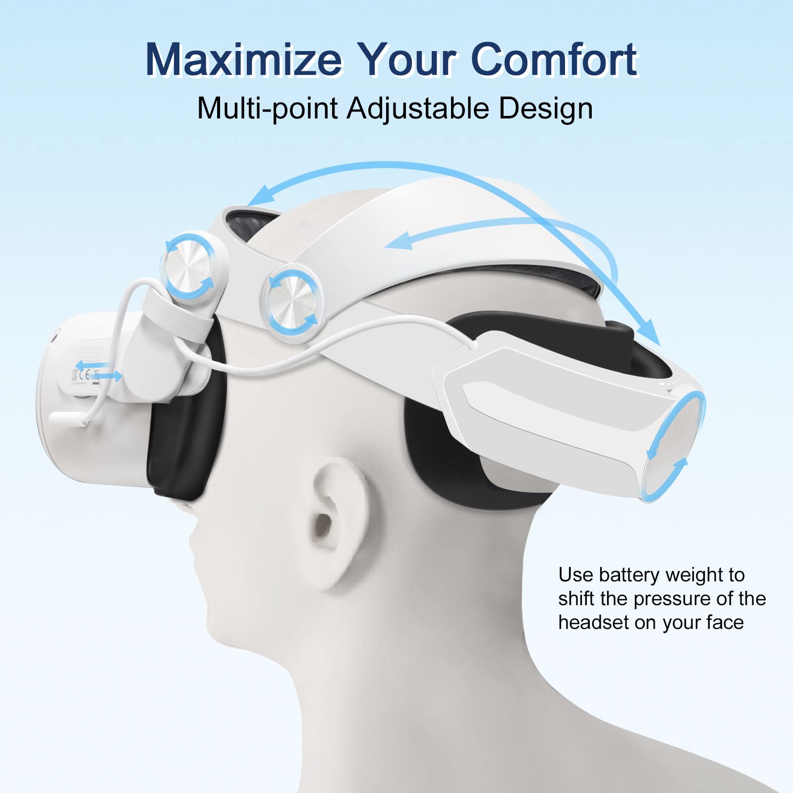 8VR Head Strap with Battery for Oculus Quest 2, Adjustable Elite Strap with 6000mAh Battery Pack for Enhanced Comfort and Playtime in VR, Fast Charging and Counter Balance Quest 2 Accessories