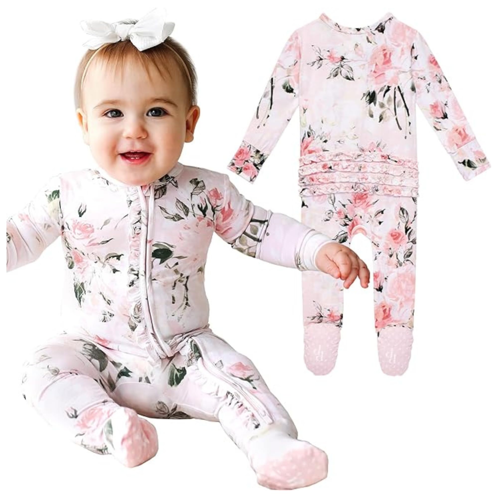 Posh Peanut Footie Pajamas for Baby Girls – Sleepers in Ultra-Soft Viscose from Bamboo with 2-Way Zipper & Ruffle Trim – Newborn to Toddler Sleepwear (Vintage Pink Rose, 0-3 Months)