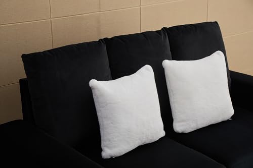 Velvet Small Loveseat Sofa Modern Sectional Couch with Square Armrest Rivets 2 Pillows for Living Room Black
