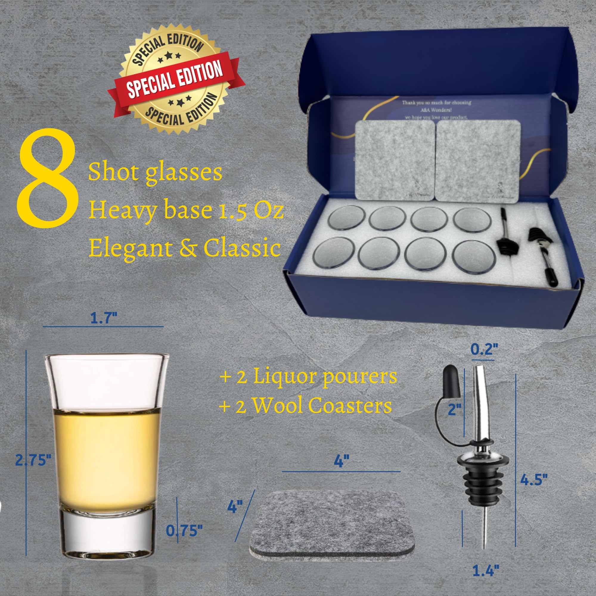 A&A Wonders 1.5 Oz Shot Glasses Set Of 8 With Heavy Base - Shot Glass Set, Weighted shotglass - For Vodka Tequila Shot Glasses Gift Box