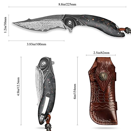 ALVELY handmade Folding Pocket Knife,Japanese Damascus steel 3.9in blade Men's folding knife,with Pocket Clip Leather Sheath,liner lock, Carbon Fiber Handle,fit EDC Outdoor camping Survival,gift