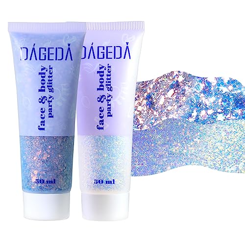 DAGEDA 2Pcs Body Glitter Gel, Face Glitter Gel Body Shimmer Body Sequins Liquid Eyeshadow, Holographic Laser Glitter Makeup Extra Fine Glitter Gel for Women Rave Accessorie (Mermaid and Galaxy Blue)