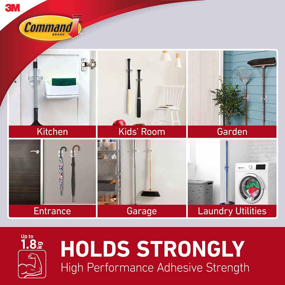 Command Broom and Mop Grippers Wall Hook, Damage Free Hanging Wall Mount Broom and Mop Holder, No Tools Household Cleaning Organizer for Living Spaces, 1 Hanger and 2 Command Strips