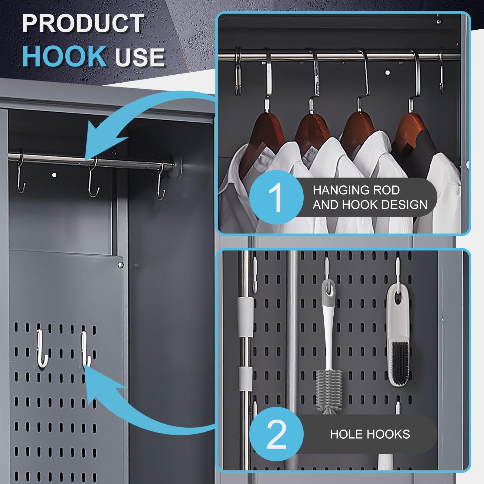 GREATMEET Broom Closet Storage Cabinet with Locking Doors,65" Metal Storage Cabinet with Hanging Rod,Garage Storage Cabinet Grey+White