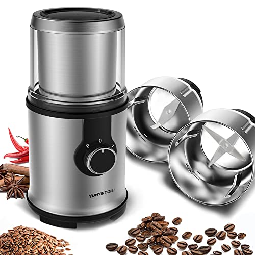 Coffee Grinder Electric, Spice Grinder with with 2 Detachable Stainless Steel Bowls, with Anti-splash Cover & Brush, 3.88oz/110g Capacity Coffee Bean Grinder, Dry & Wet for Corn Kernels, Herbs, Nuts